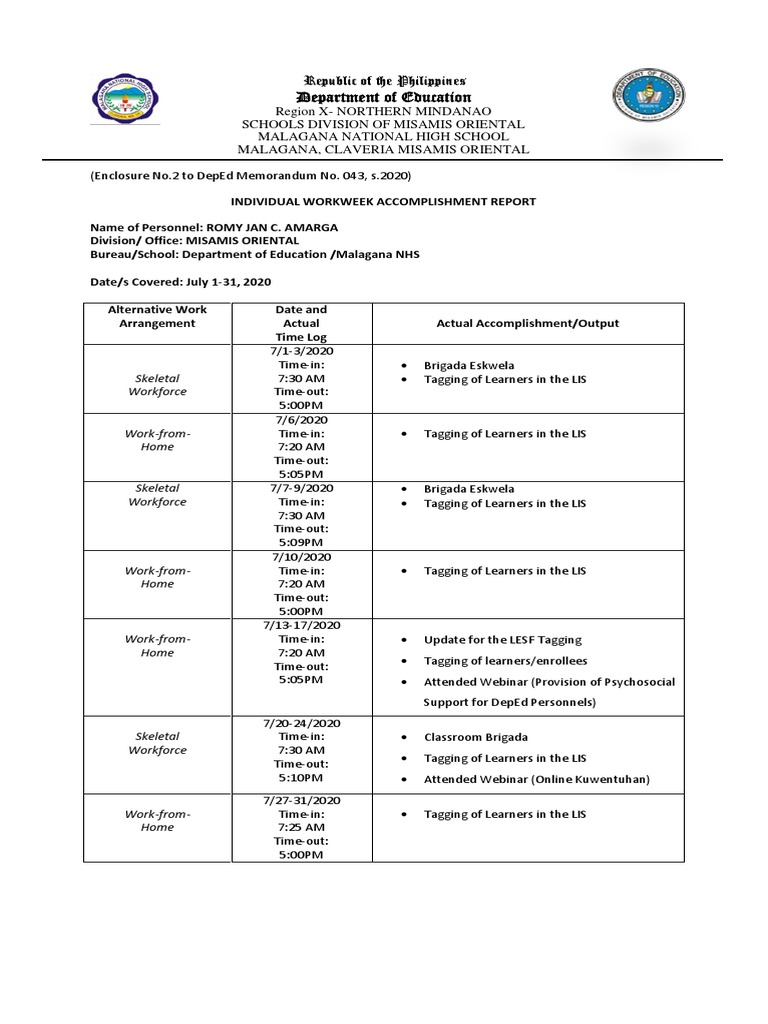 Individual Workweek Accomplishment Report | PDF | Pedagogy | Communication