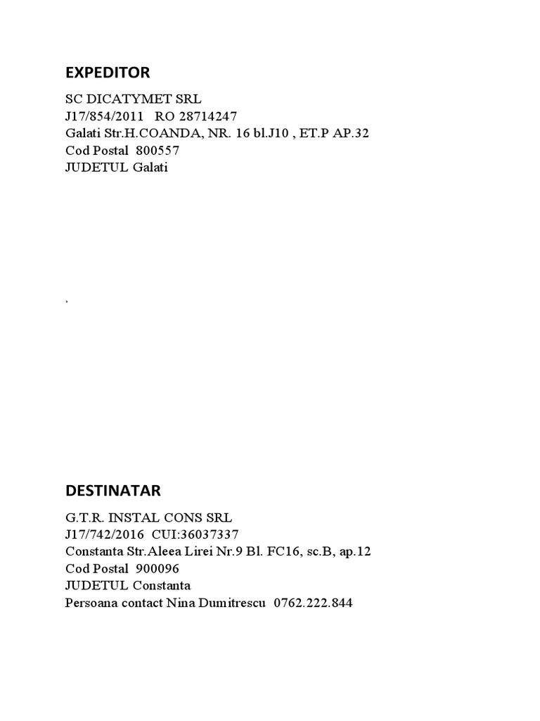 Expeditor și Destinatar Plic Poștal | PDF