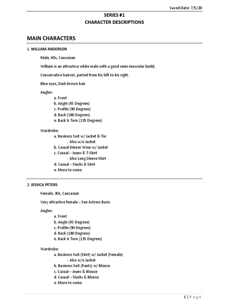 Main Characters: Series #1 Character Descriptions | PDF | Blouse ...