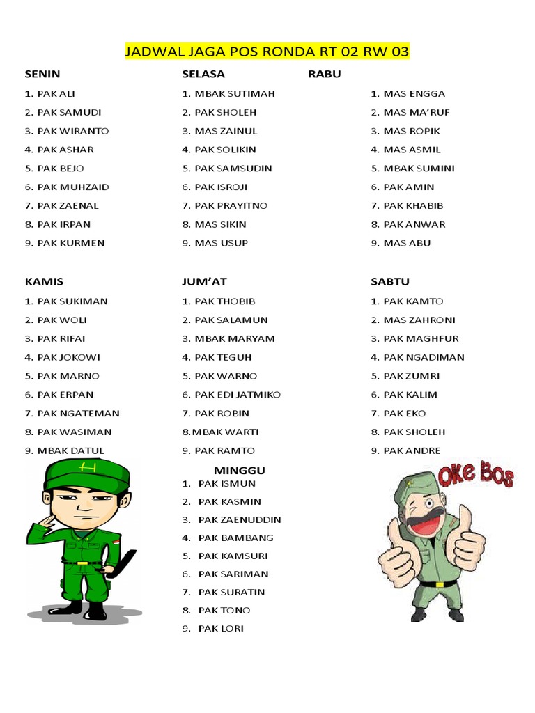 Jadwal Jaga Pos Ronda RT 02 RW 03 | PDF | Cooking, Food & Wine | Home ...