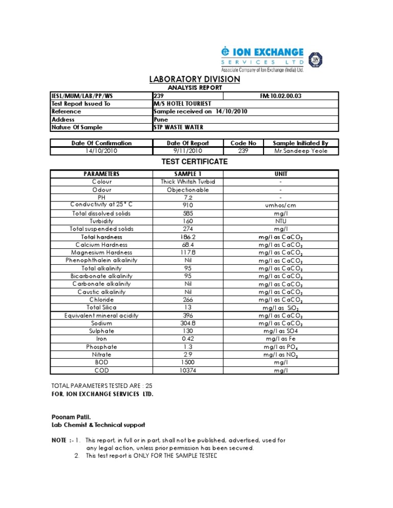 STP Waste Water Test Report Summary | PDF