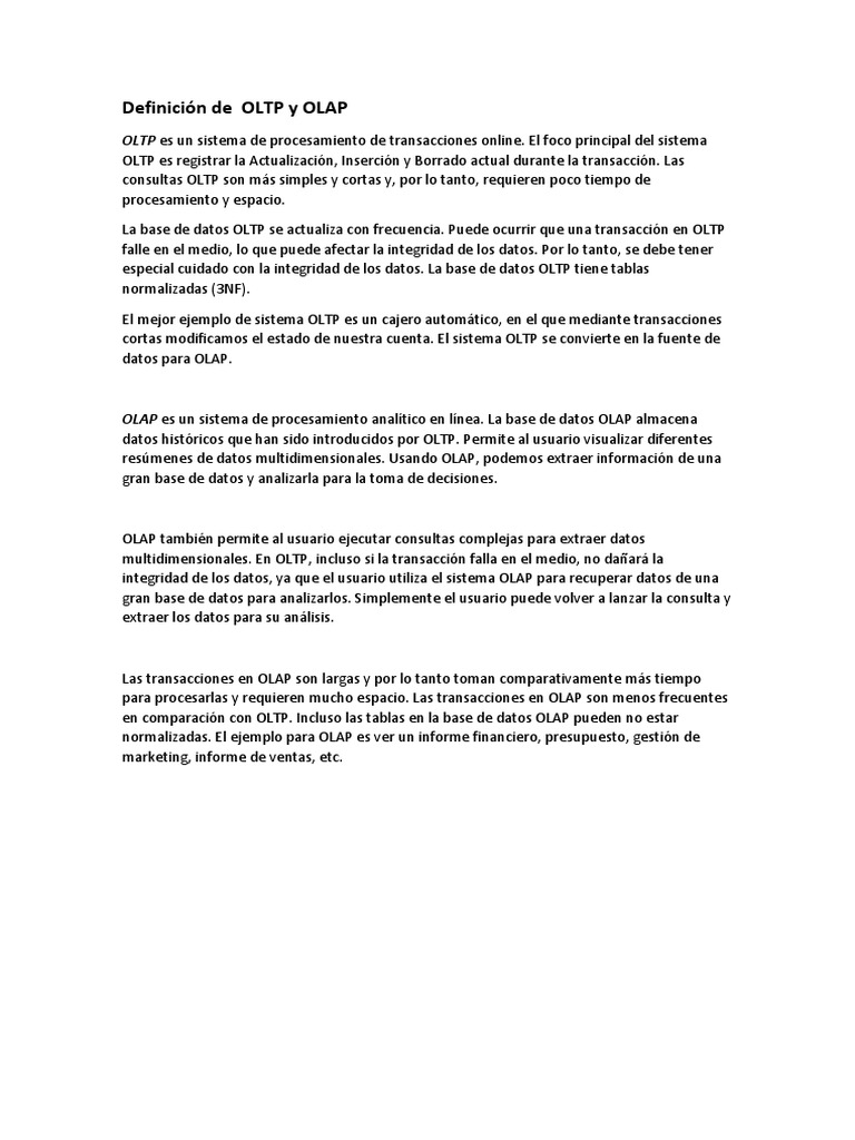 Diferencias OLTP Y OLAP | PDF | Bases de datos | Gestión de la información