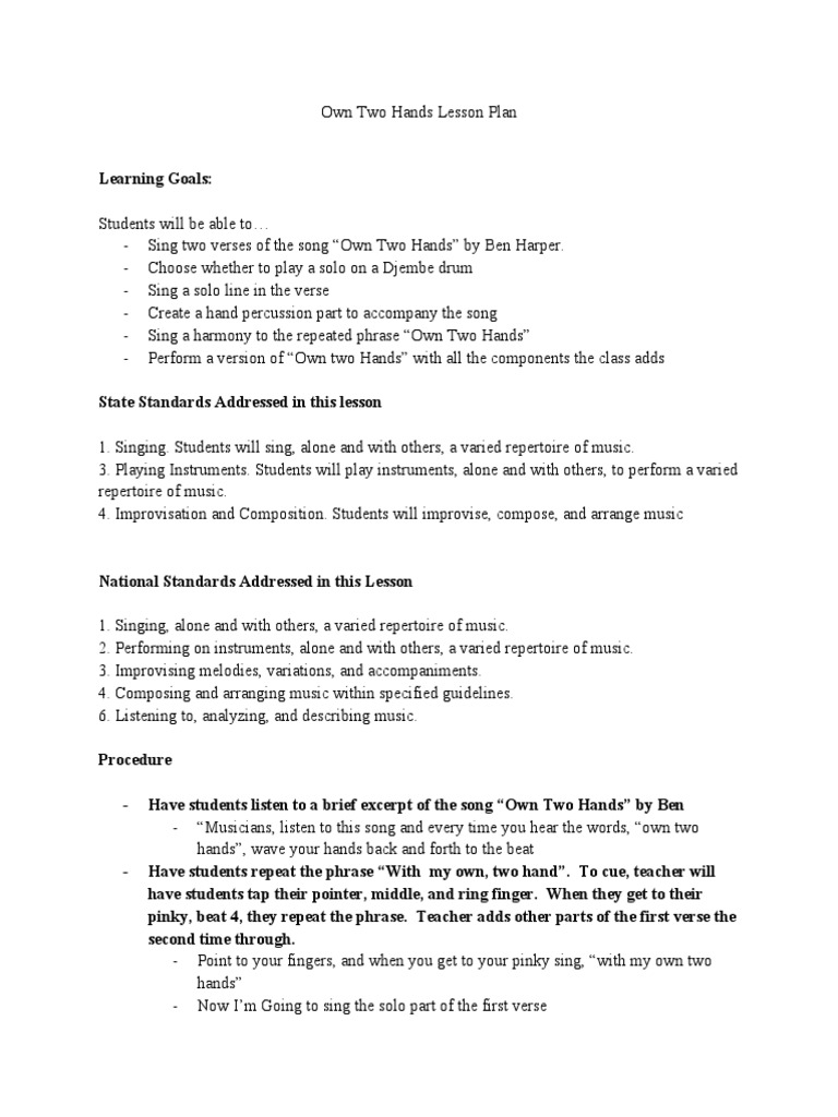 Own Two Hands Lesson Plan | PDF | Song Structure | Songs