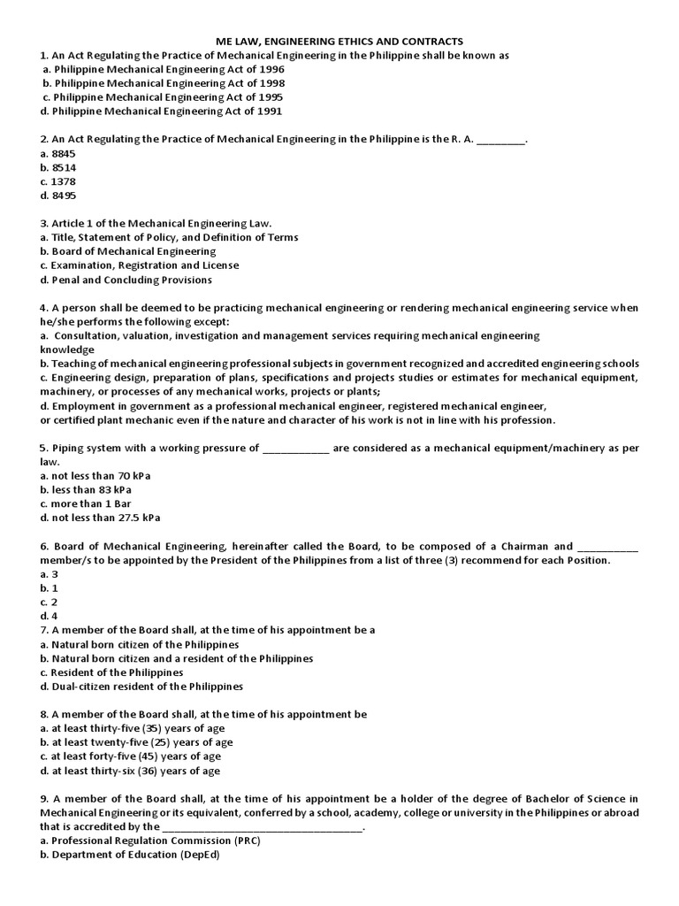 Me Law, Engineering Ethics and Contracts | PDF | Engineer | Licensure