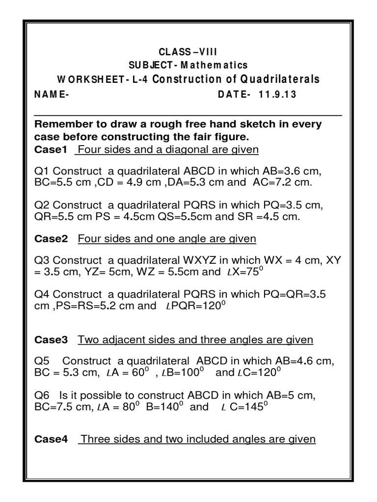CBSE Class 8 Mathematics Worksheet - Construction of Quadrilaterals PDF ...