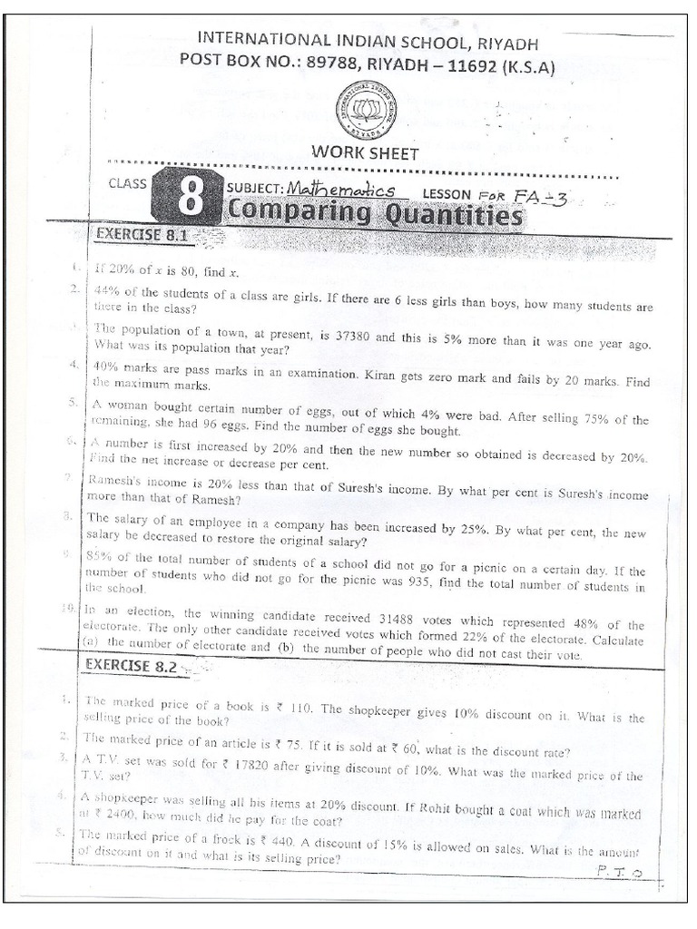 CBSE Class 8 Compairing Quantities Worksheet PDF | PDF