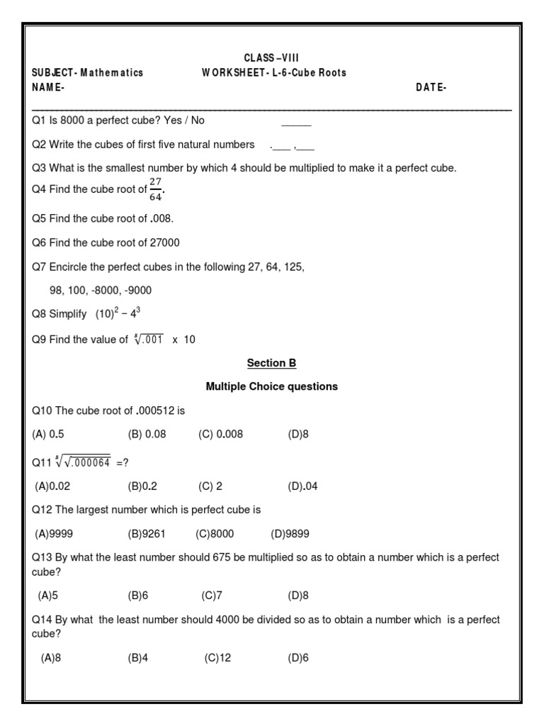 CBSE Class 8 Mathematics Worksheet - Cuberoots | PDF CBSE Class 8 Mathematics Worksheet - Cuberoots | PDF