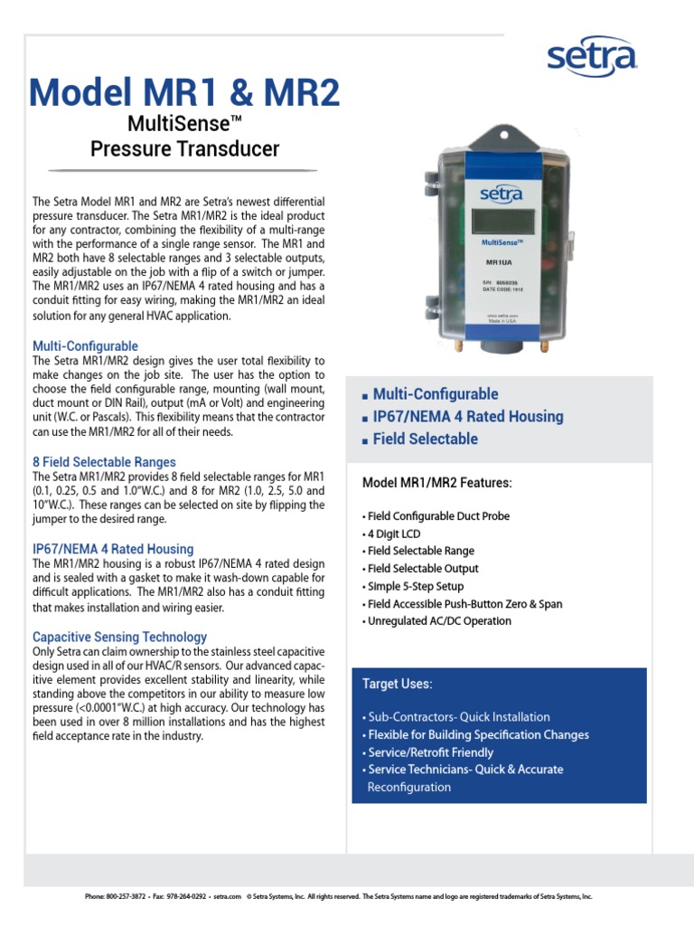 Model Mr1 & Mr2: Multisense™ Pressure Transducer | PDF | Electrical Resistance And Conductance ...