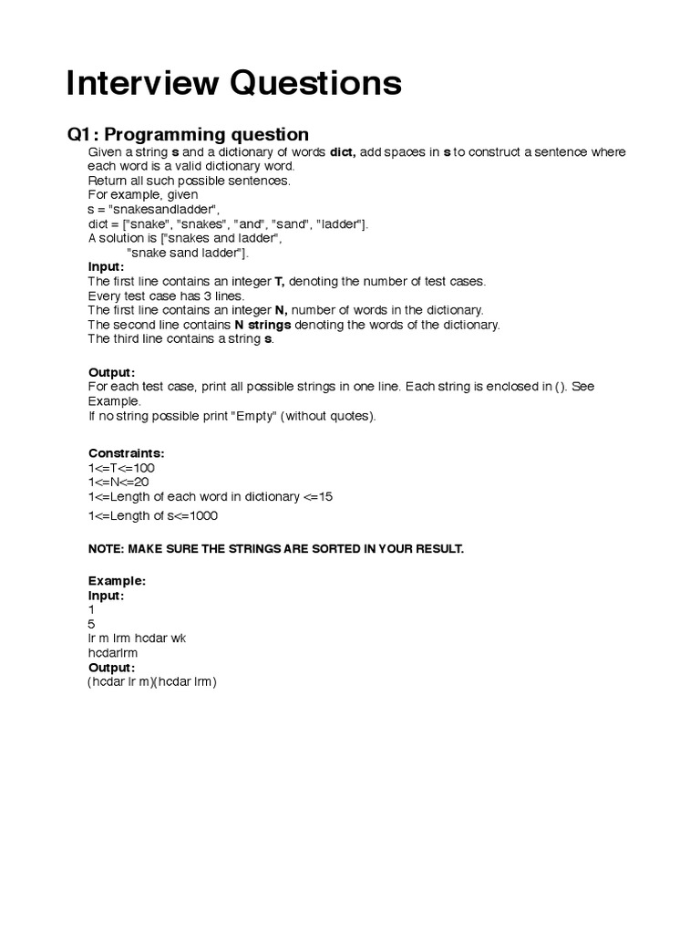 Interview Questions: Q1: Programming Question | PDF