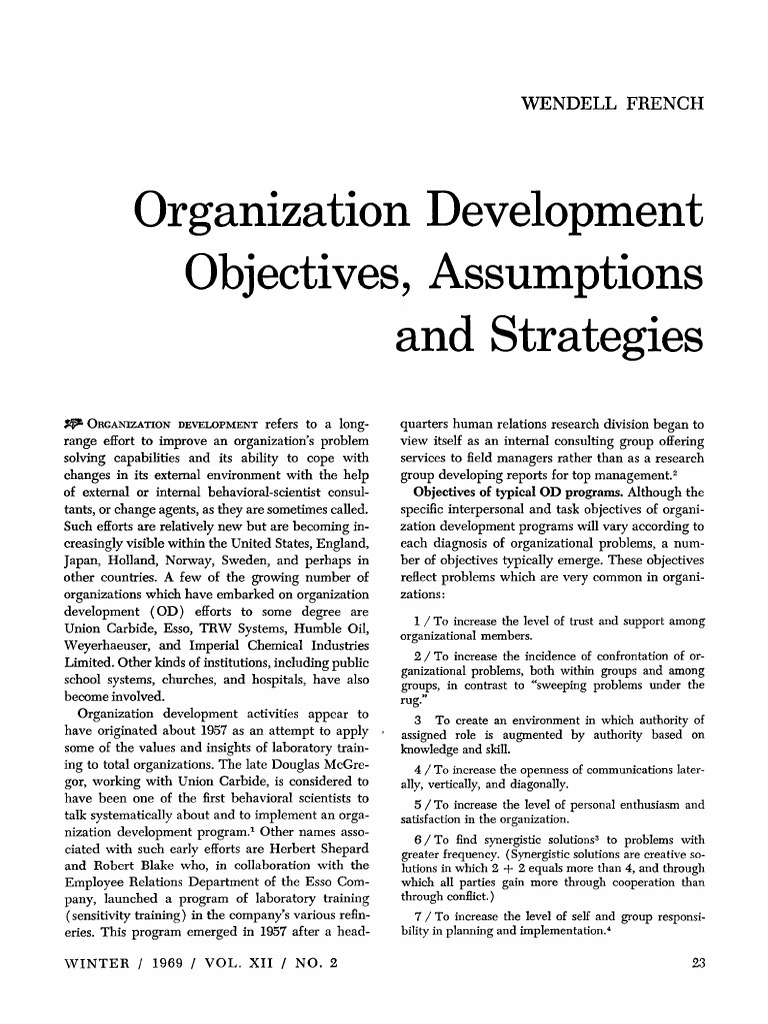 Organization Development Objectives Assumptions and Strategies French ...