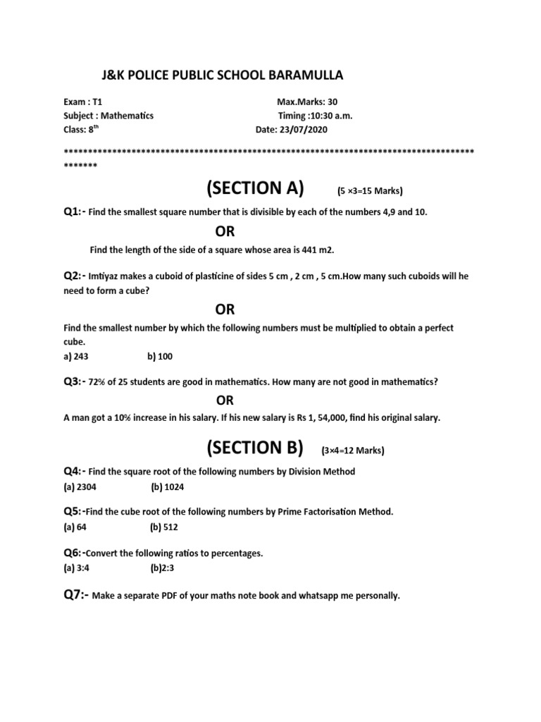 Maths Paper For Class 8th PDF