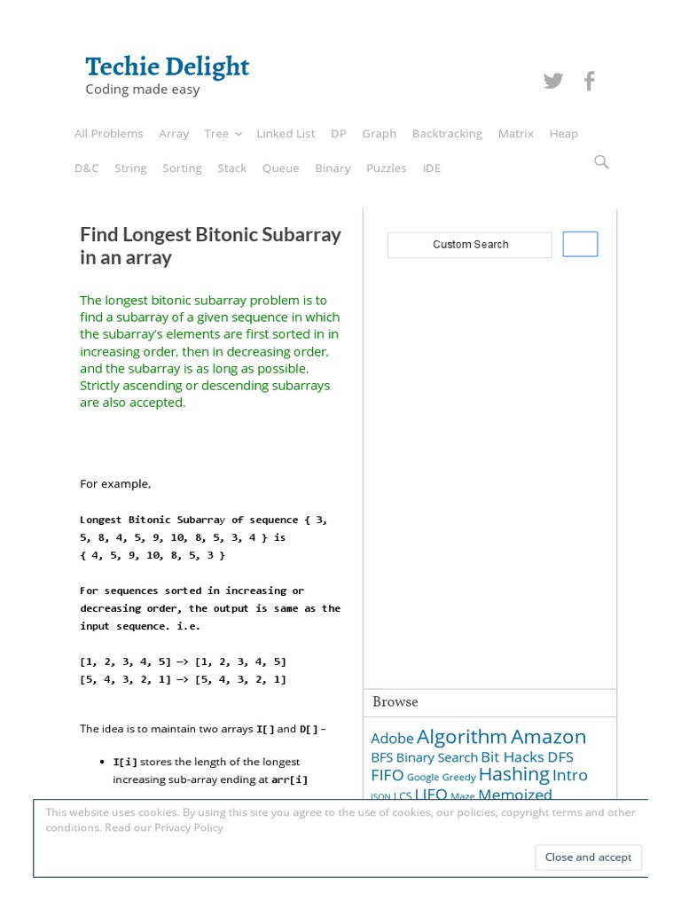 Find Longest Bitonic Subarray In An Array Techie Delight Pdf Array Data Structure 