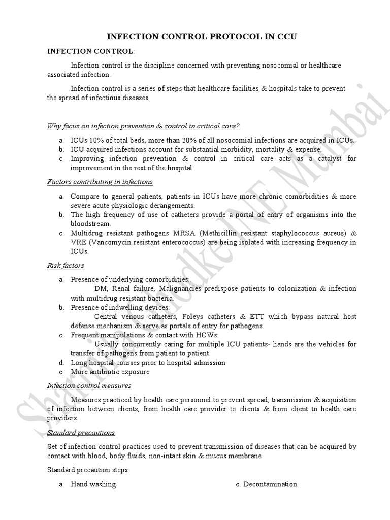 Infection Control Protocol in CCU | PDF | Infection Control ...