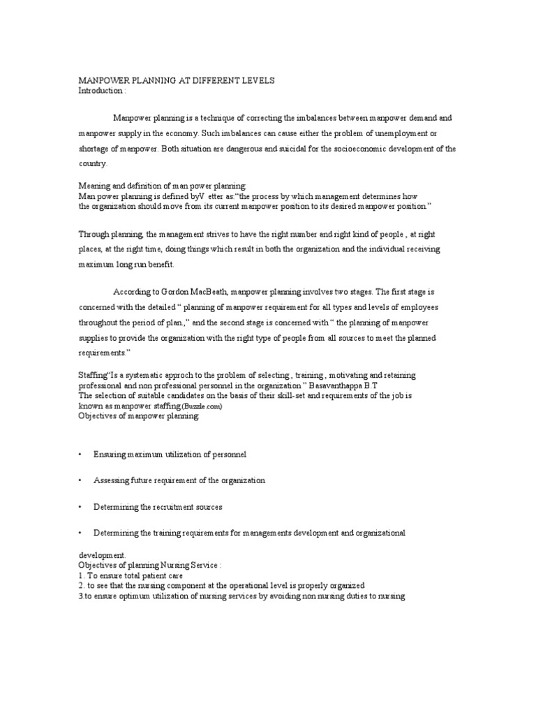Manpower Planning at Different Levels | PDF | Human Resources | Hospital