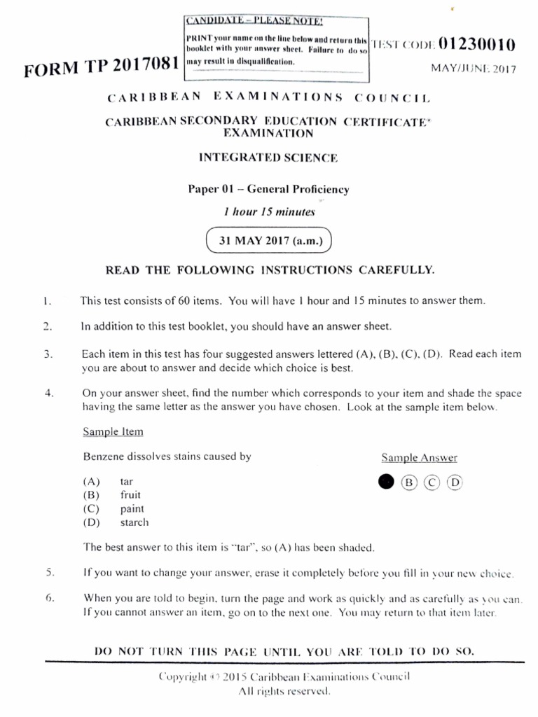 2017 CSEC Integ. Sci P1 | PDF | Soil | Chemistry