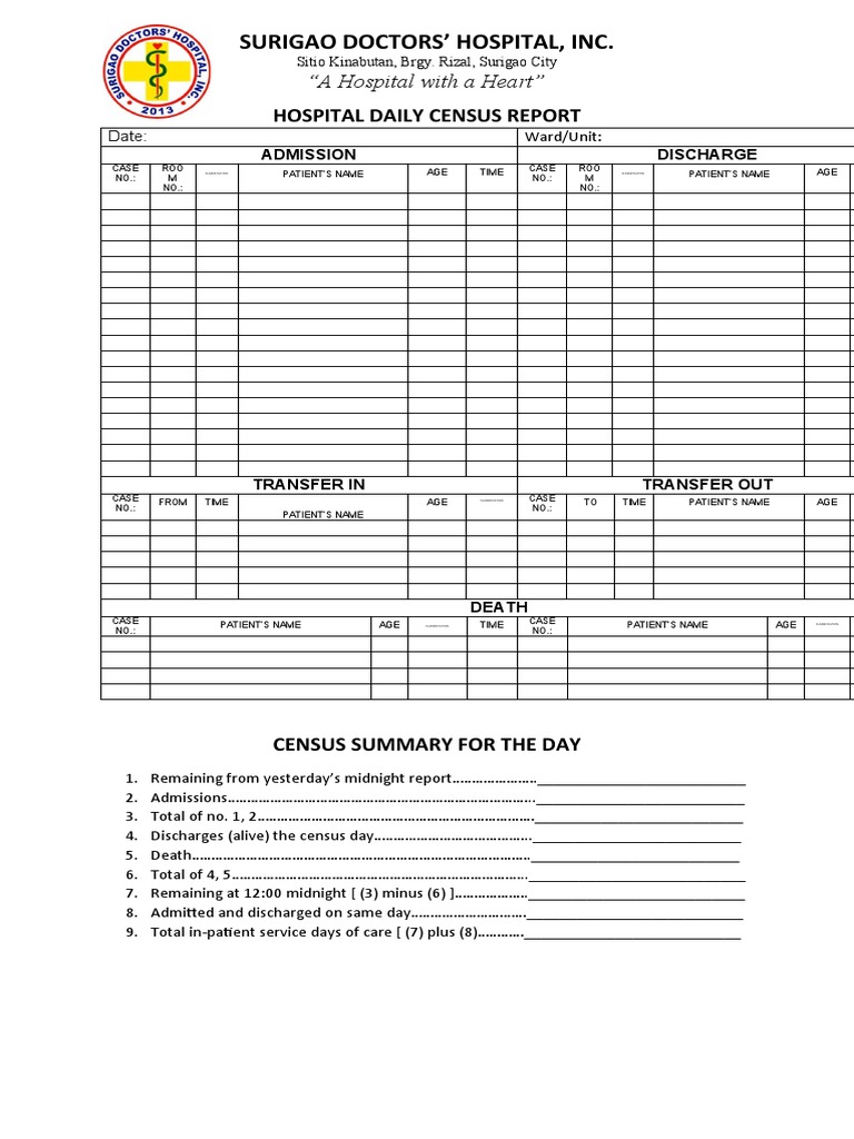 Daily Hospital Census Report | PDF | Patient | Health Care