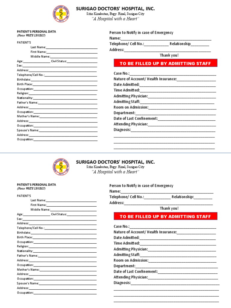 Patient Personal Data Form | PDF | Hospital | Patient