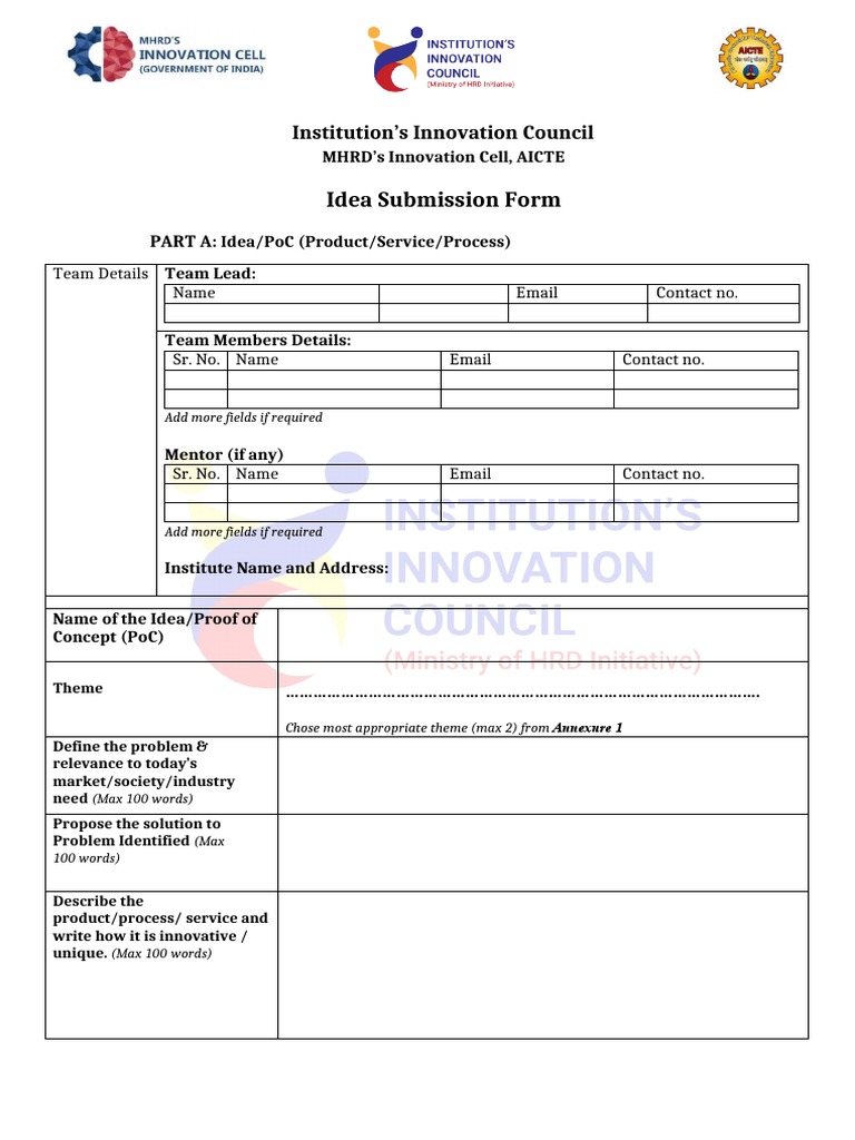 Idea Submission Form: Institution's Innovation Council | PDF ...