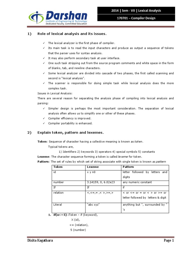 1) Role of Lexical Analysis and Its Issues | PDF | Metalogic | Computer ...