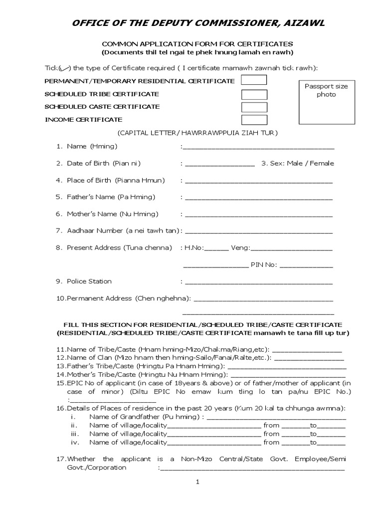 Office of The Deputy Commissioner, Aizawl: Common Application Form For ...