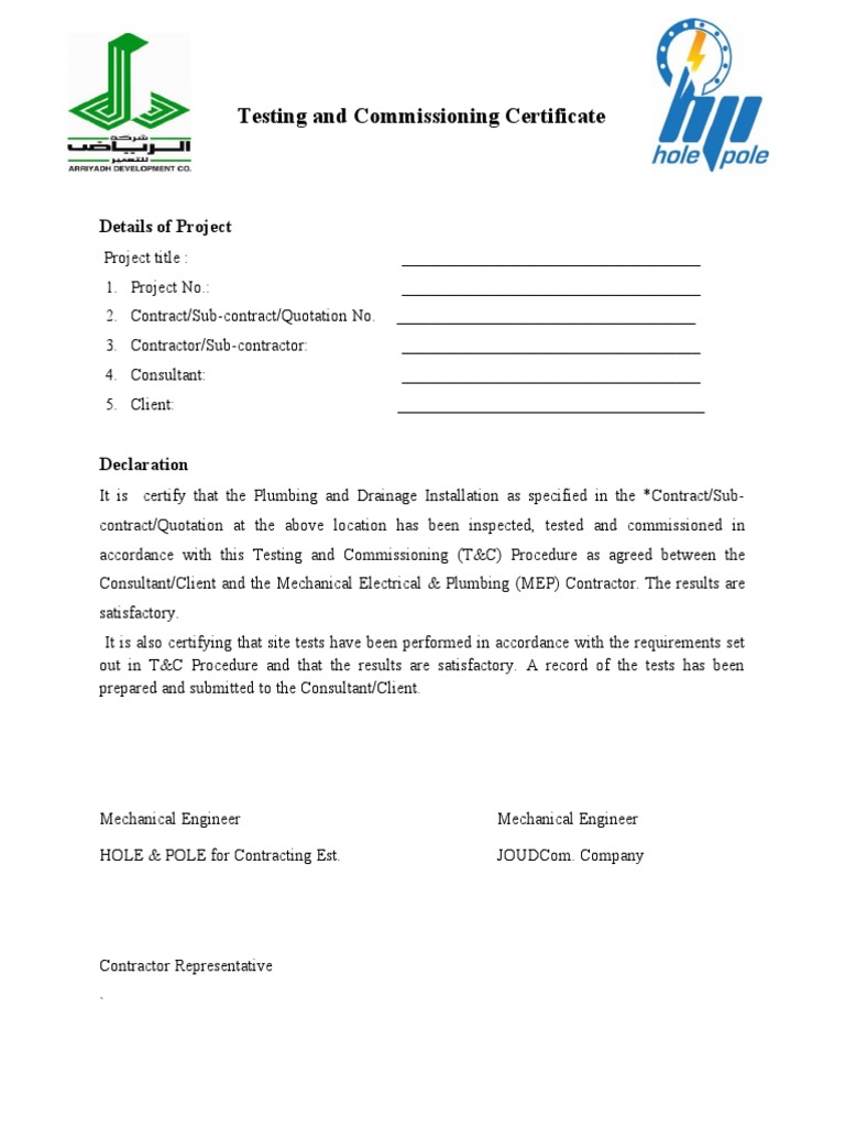 Testing and Commissioning Certificate: Details of Project | PDF