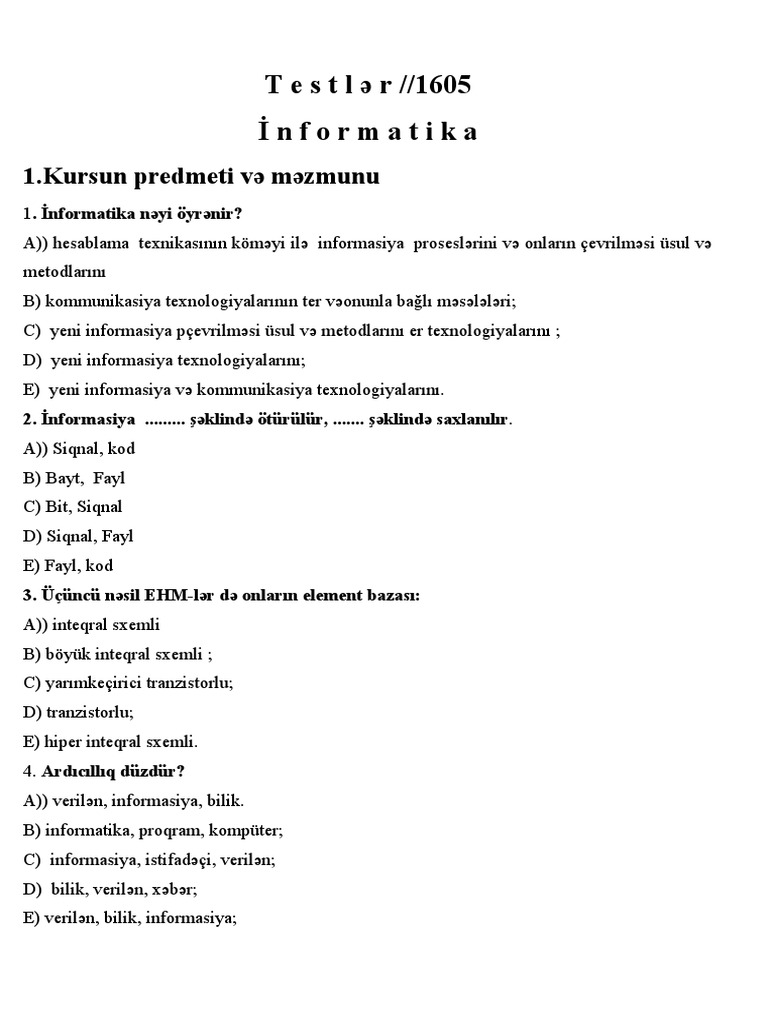 İnformatika Testləri. | PDF