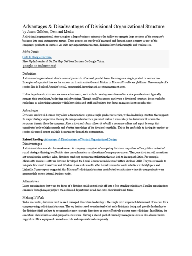 Advantages & Disadvantages of Divisional Organizational Structure | PDF | Organizational ...
