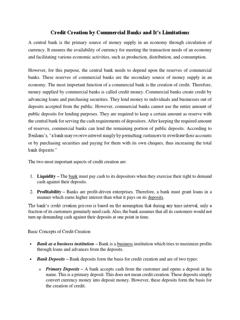 Credit Creation by Commercial Banks | PDF | Money Creation | Deposit ...