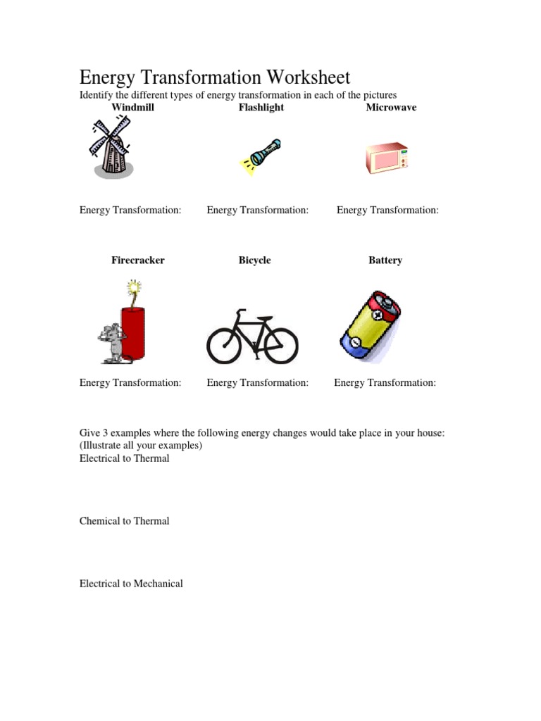 Energy Transformation Worksheet | PDF