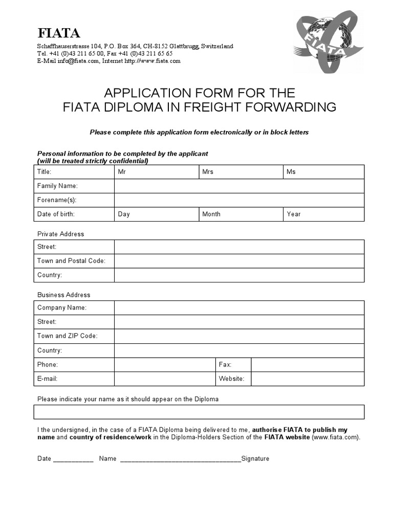 Fiata: Application Form For The Fiata Diploma in Freight Forwarding ...