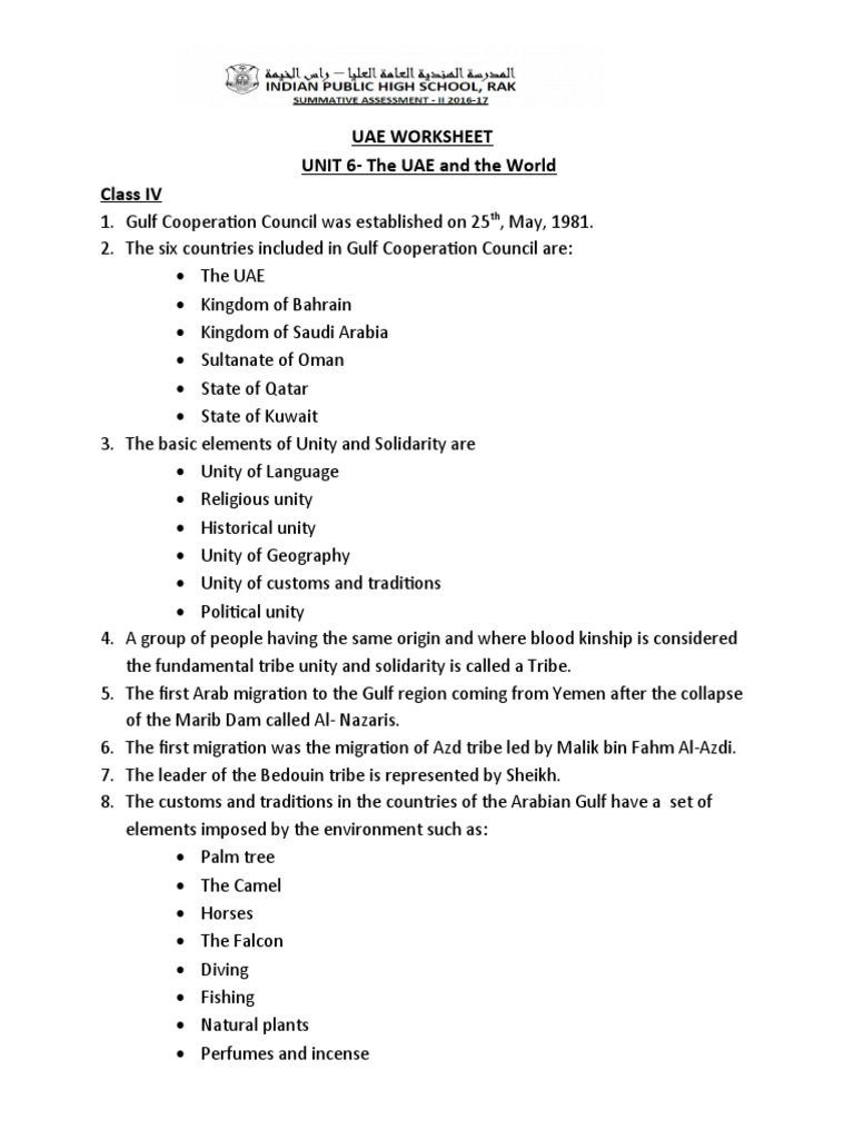 Uae Worksheet UNIT 6-The UAE and The World Class IV | PDF | Travel