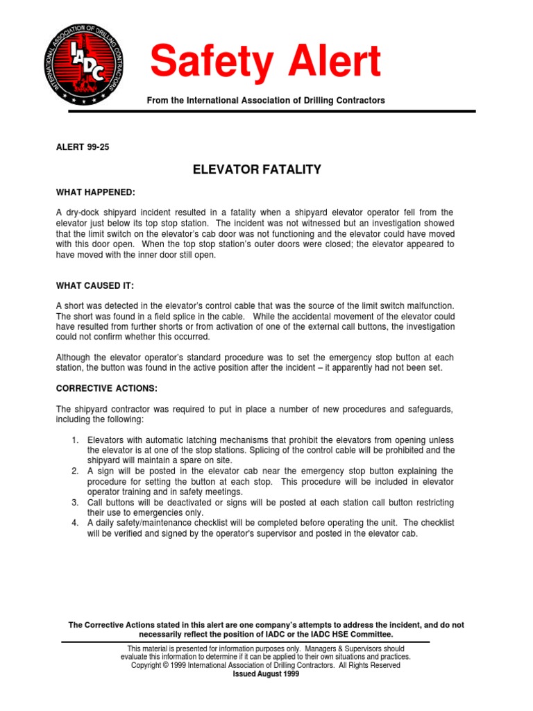 Safety Alert: Elevator Fatality | PDF | Elevator | Business