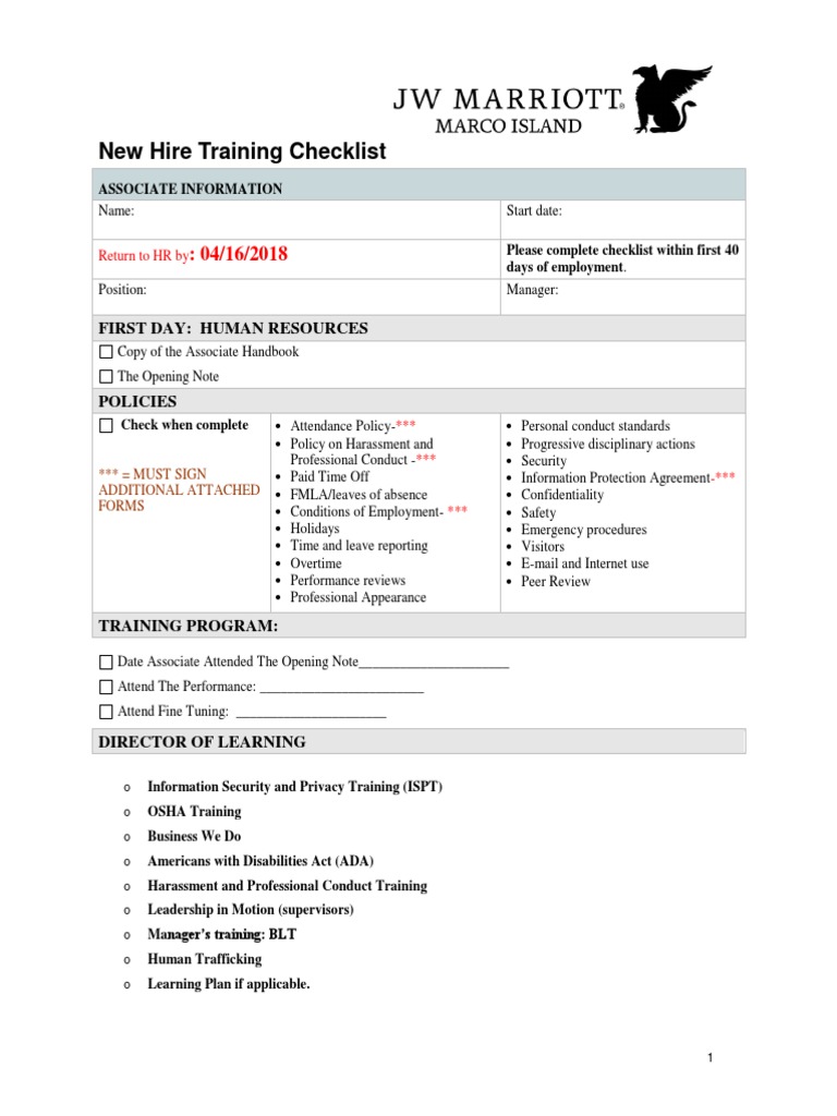 New Hire Training Checklist: First Day: Human Resources | PDF ...