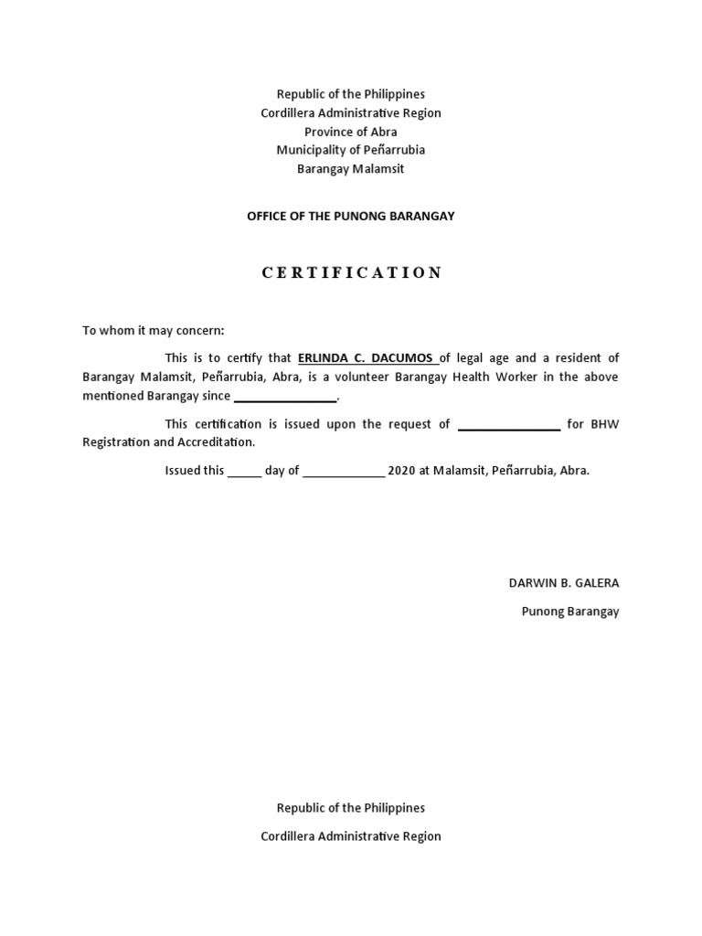 Certification: Office of The Punong Barangay | PDF | Philippines ...