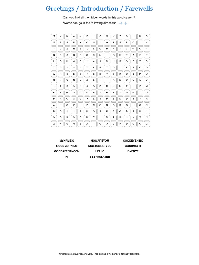 Greetings-Introduction-Farewells Wordsearch PDF | PDF | Word Puzzles ...