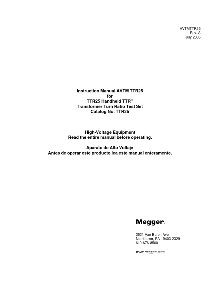 Instruction Manual AVTM TTR25 For TTR25 Handheld TTR Transformer Turn ...
