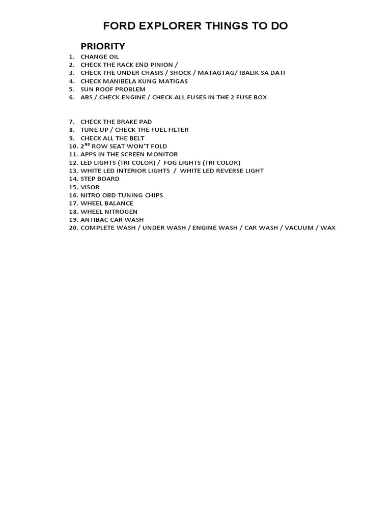 Essential Ford Explorer Maintenance Checklist | PDF | Home & Garden