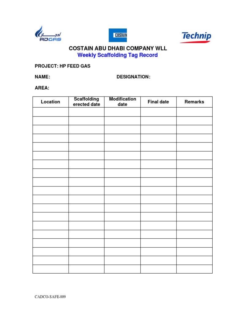 Weekly Scaffolding Tag Record (Format) | PDF