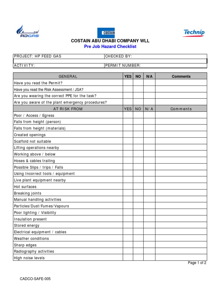 Pre Job Hazard Checklist Template | PDF