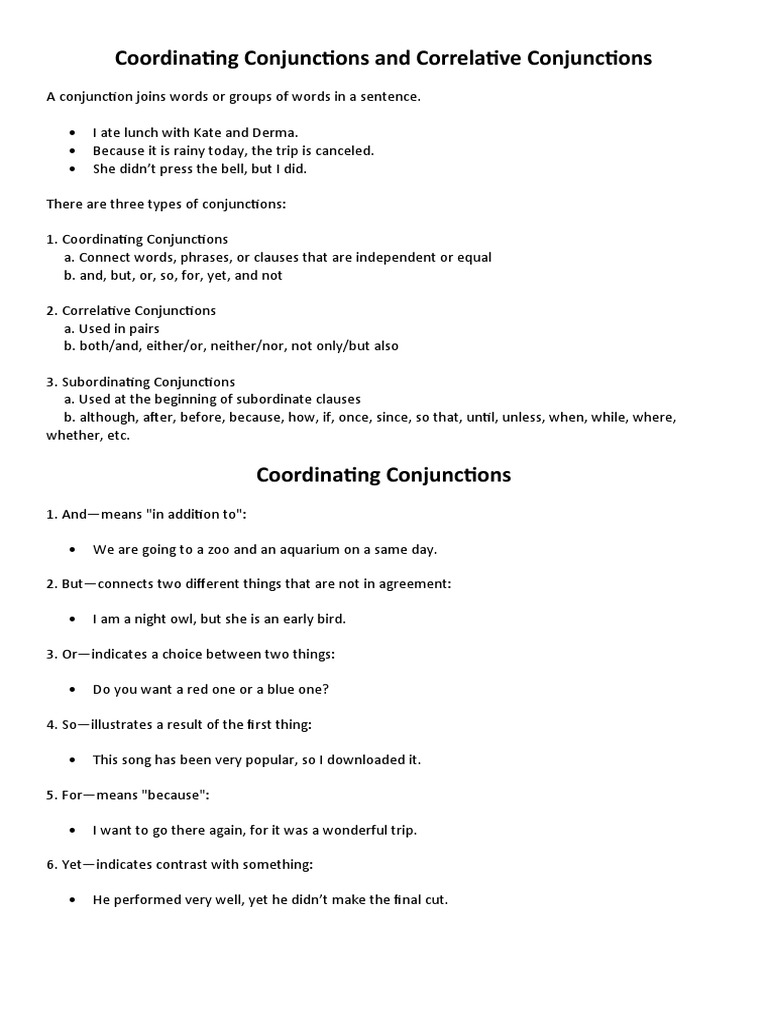 Coordinating, Subordinating and Correlative Conjunctions