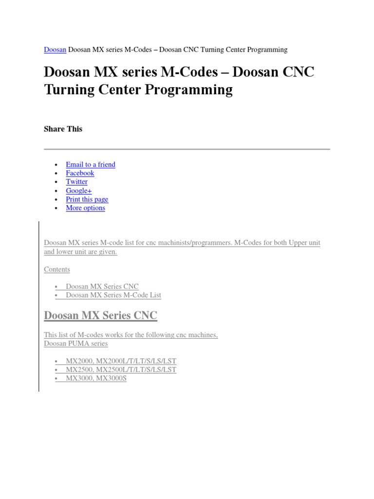 Doosan MX Series M-Codes - Doosan CNC Turning Center Programming | PDF | Numerical Control | Tools