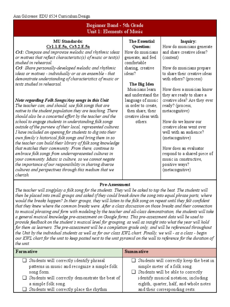 Sample Music Unit Beginner Band | PDF | Rhythm | Teachers