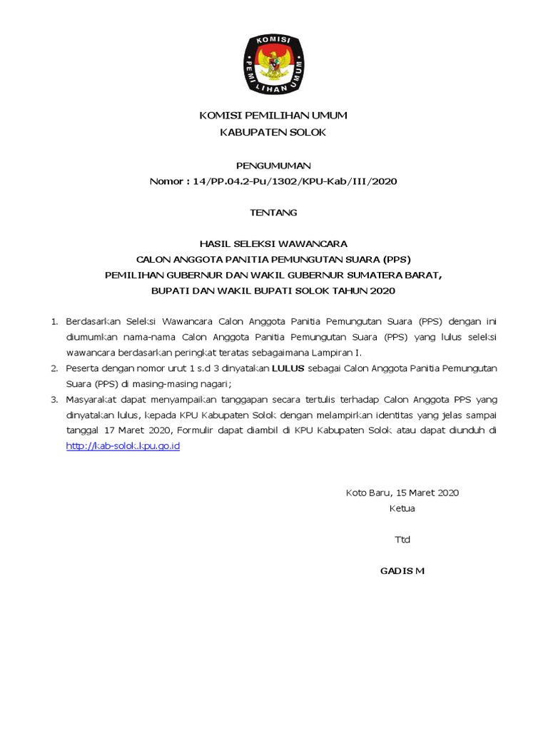 Pengumuman Hasil Seleksi Wawancara PPS 2020 | PDF
