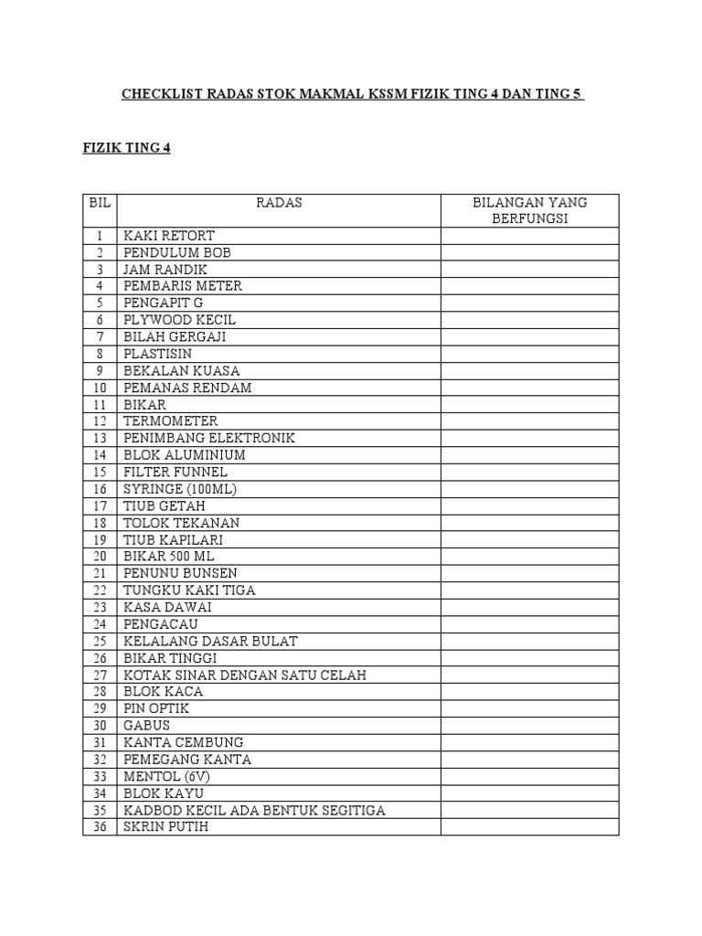 Checklist Radas Stok Makmal KSSM Fizik Ting 4 Dan Ting 5 | PDF