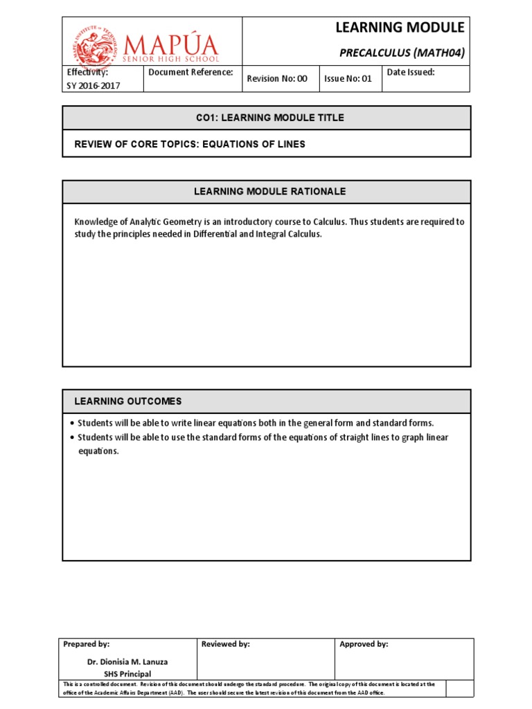 LEARNING MODULE-Equations of Lines | PDF | Cartesian Coordinate System ...