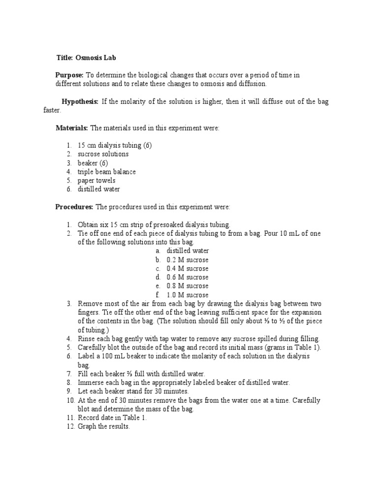 Osmosis Lab | PDF | Osmosis | Water