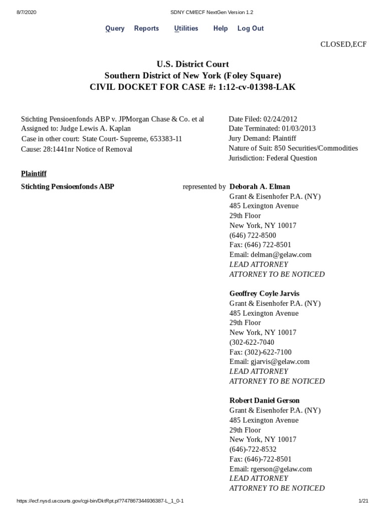 Docket Michael Nierenberg Case No. 1.12-cv-01398 LAK SDNY CM - ECF ...