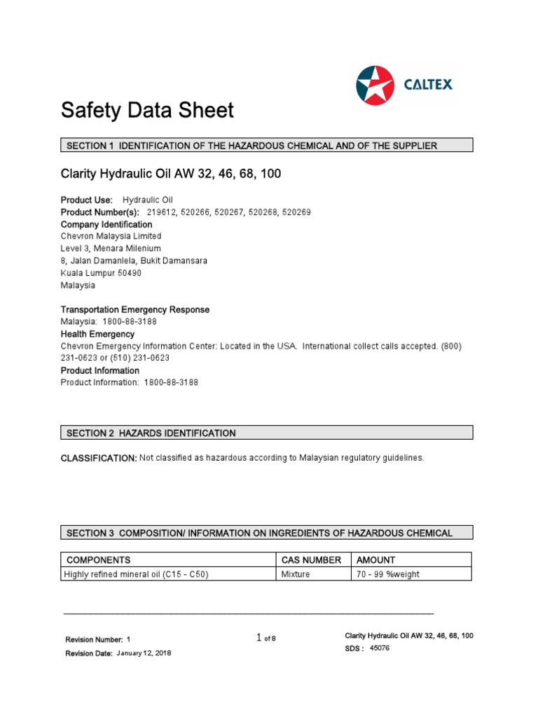 MSDS - Caltex Clarity Hydraulic Oil AW 100 - EN | PDF | Fires | Toxicity