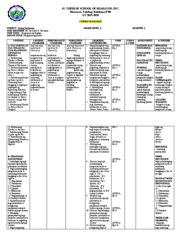Jld-Ap8-Q2 - Curriculum Map - 19-20 | PDF