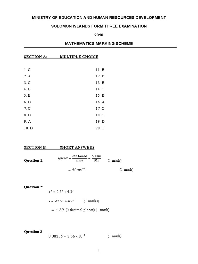 F3 Maths Marking Scheme 2010 | PDF | Teaching Mathematics